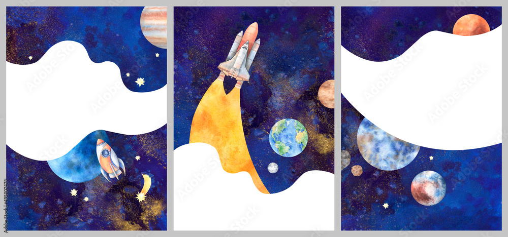 Set of posters on the theme of space. Rocket, planets, stars, comet ...