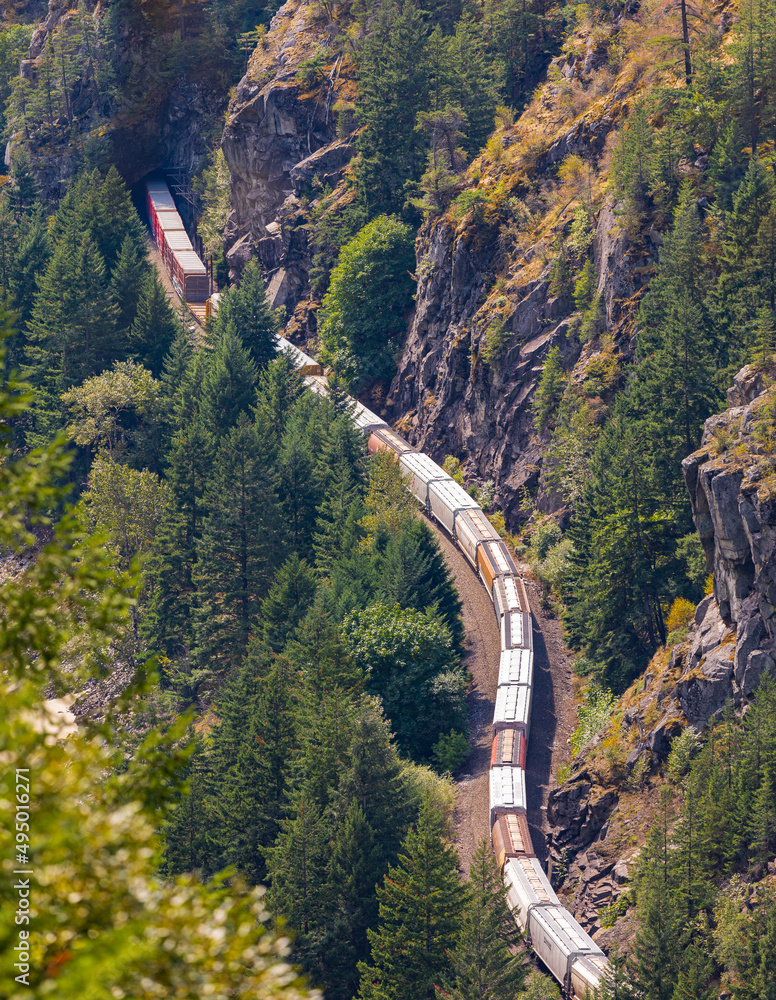 Train passes through a mountain. Freight train on a railway line on a ...