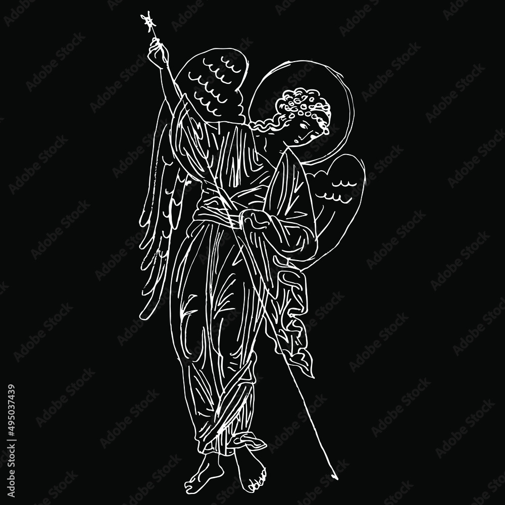 Winged medieval angel with spear. Russian Orthodox Christian design ...