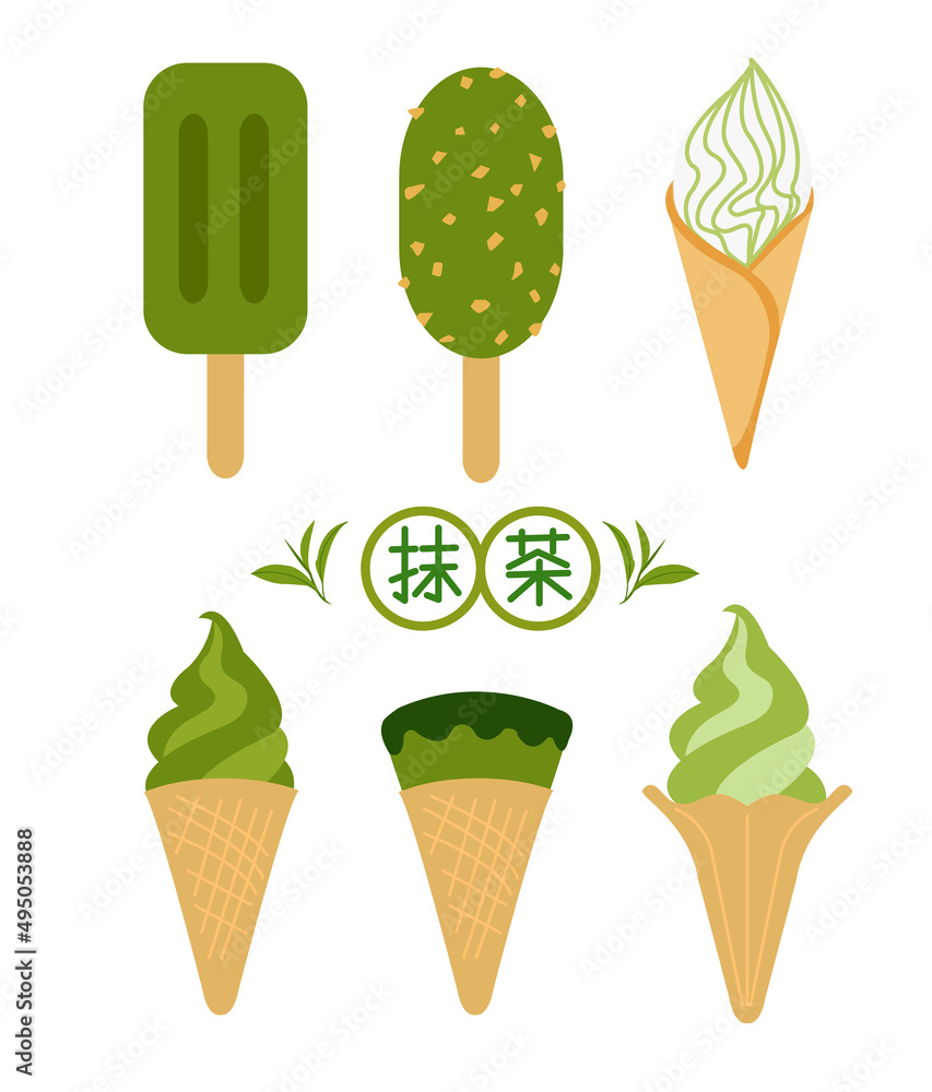 Matcha ice cream set, vector flat style doodle illustration of Chinese ...