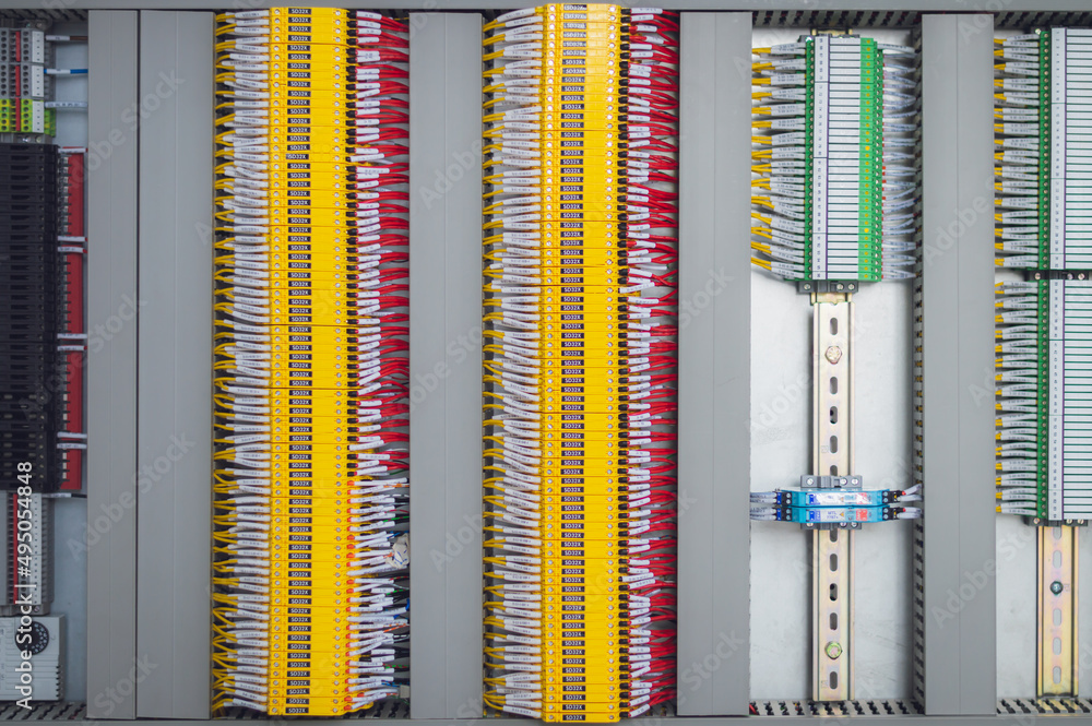 Foto de Wiring PLC Control panel with wires industrial factory.Wiring ...
