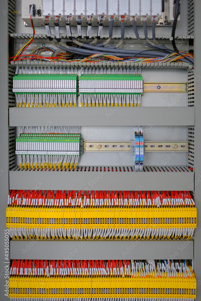 Wiring PLC Control panel with wires industrial factory.Wiring terminals ...