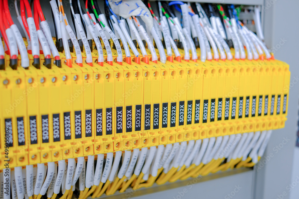 Wiring PLC Control panel with wires industrial factory.Wiring terminals ...