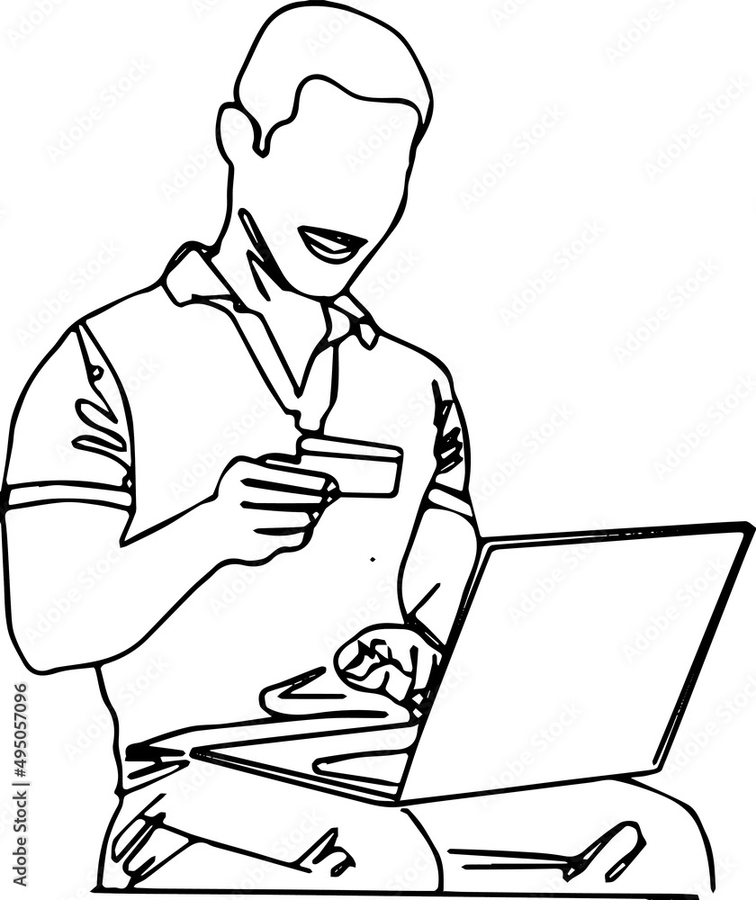 outline sketch drawing vector of young boy using credit card for doing ...