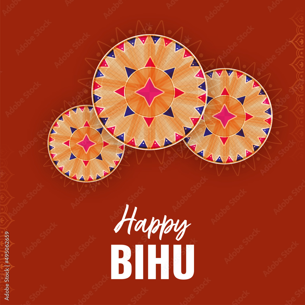 Happy Bihu Font With Three Floral Tambourine (Dafli) On Burnt Red ...