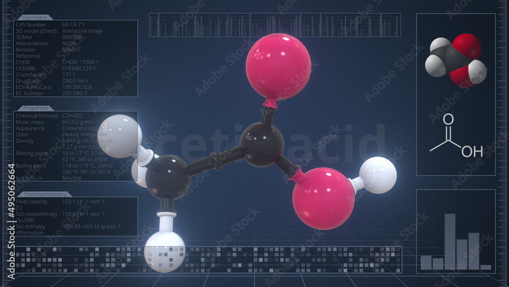 Molecule of acetic acid with infographics on the computer monitor, 3d ...