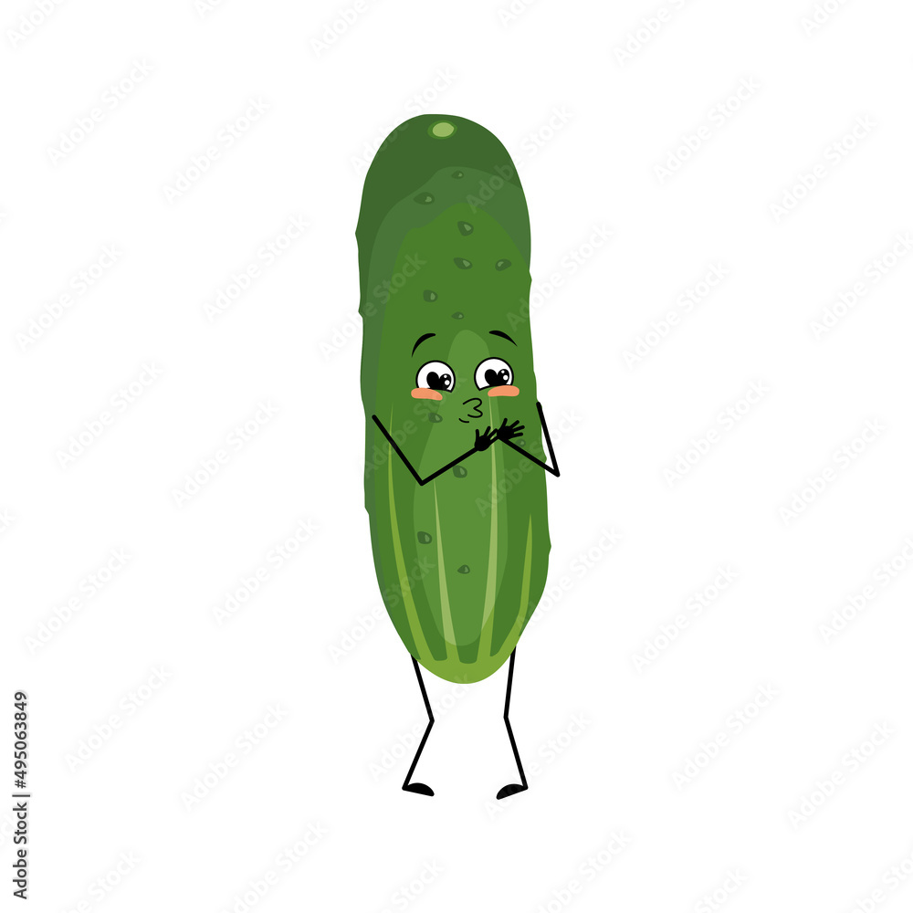 Cucumber character with love emotions, smile face, arms and legs ...