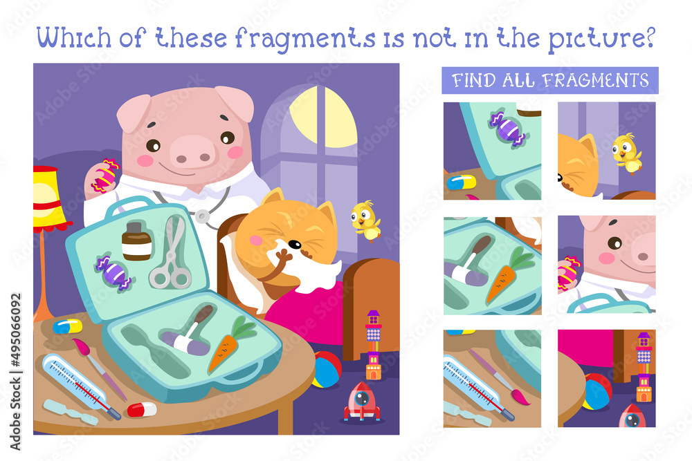 Find all fragments. Game for children. Doctor Pig gives kitten candy ...