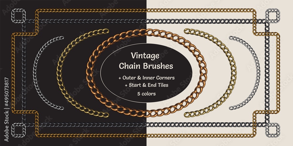 Metallic chain pattern brushes with corners, end and start tiles in vintage style. Gold, silver ...