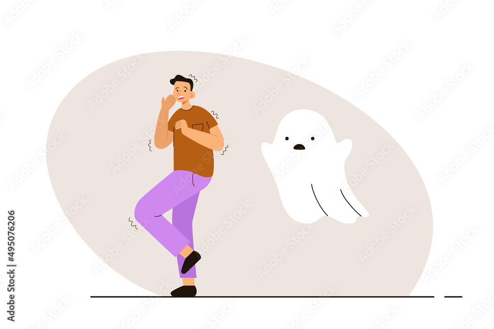 Man scared of ghost. Fear of paranormal spirits, necrophobia. Phobia ...