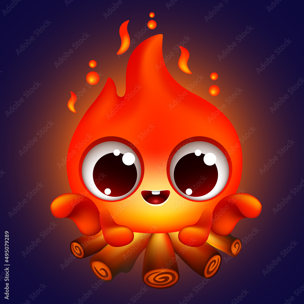 funny cartoon fire flame on dark blue background. cute bonfire with big ...