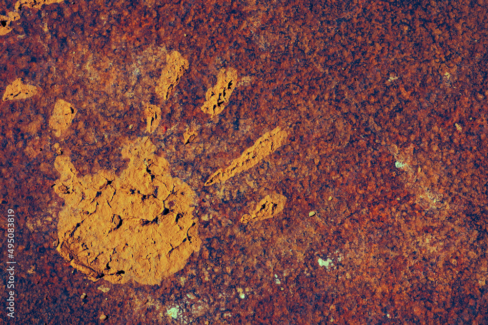 Muddy clay handprint on Old Rust Metal Decayed Sheet Wide Background ...