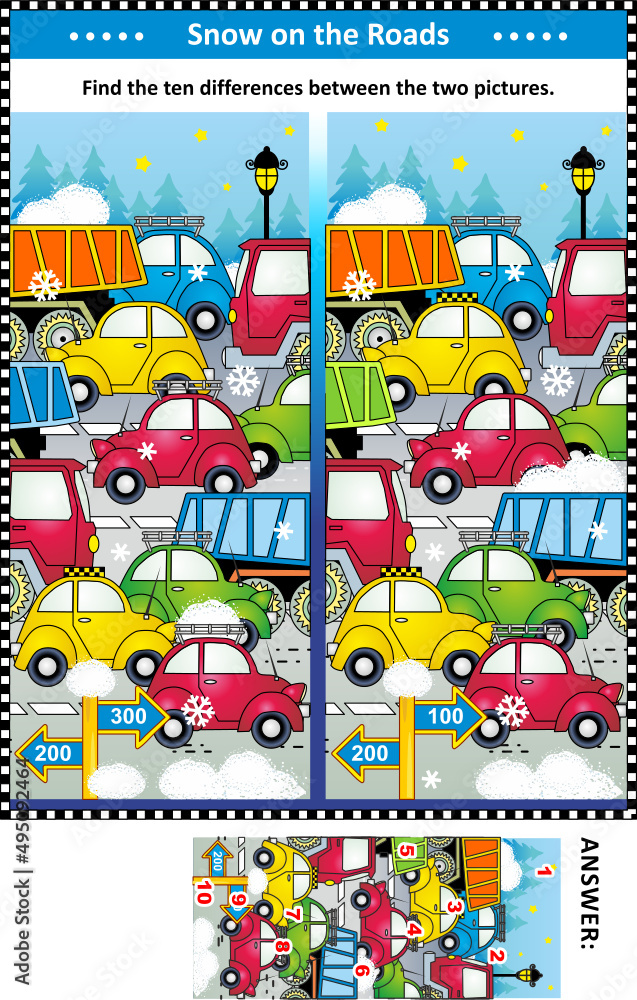 Winter traffic jam picture puzzle: Find the ten differences between the ...