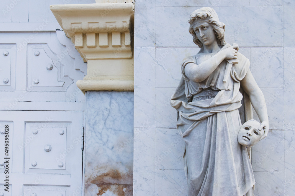 Melpomene muse statue at the facade of the Adolfo Mejia theater in ...