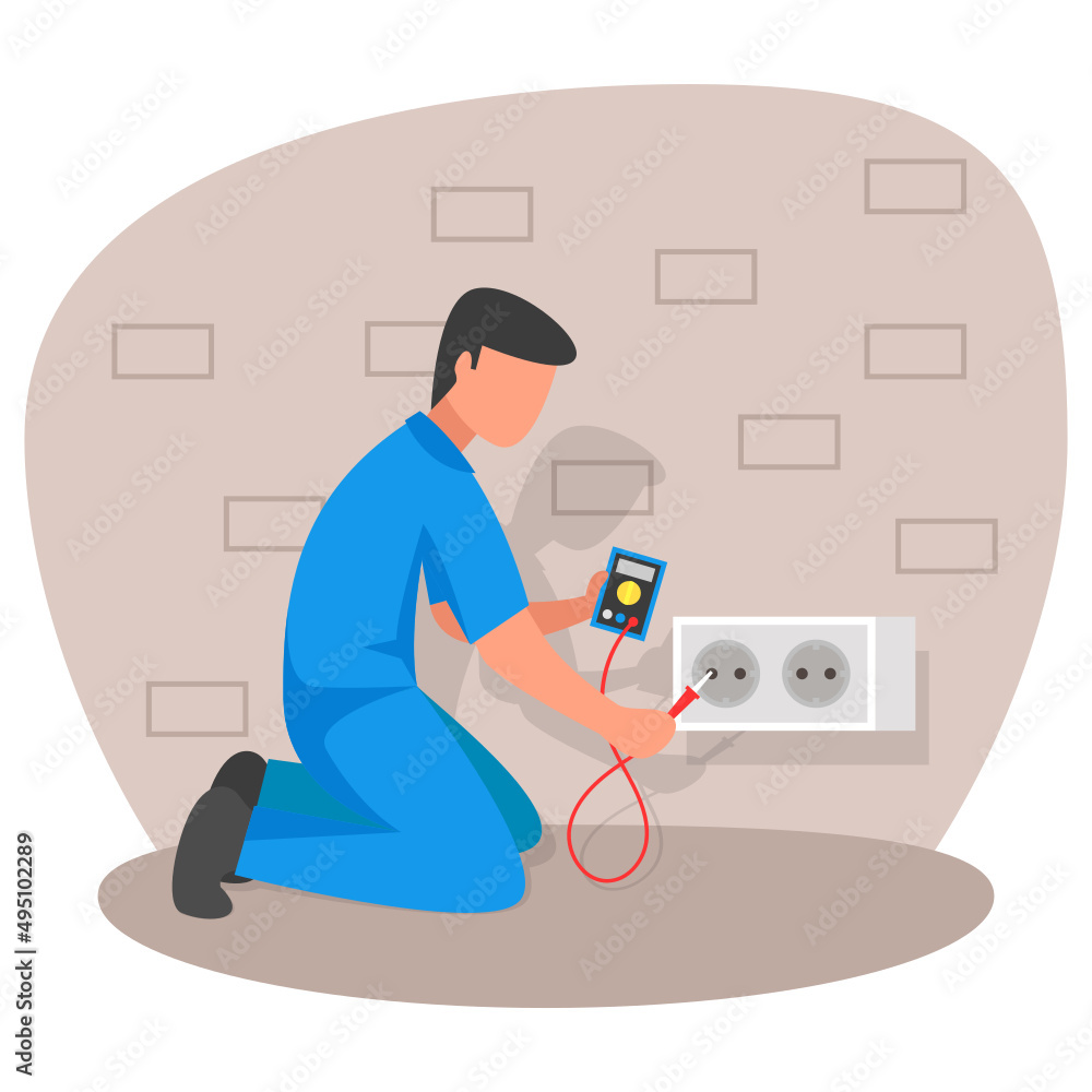 Repair an electrical outlet in the wall of a house Concept vector icon ...