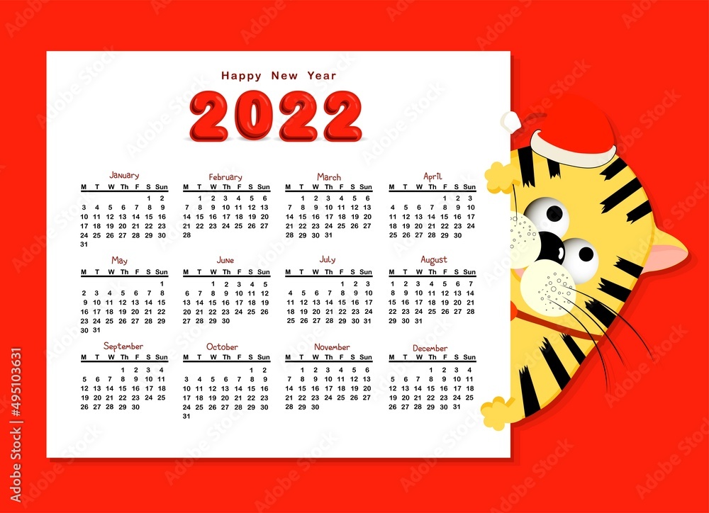 Funny kids calendar for 2022. Year of the tiger symbol 2022.Vector ...