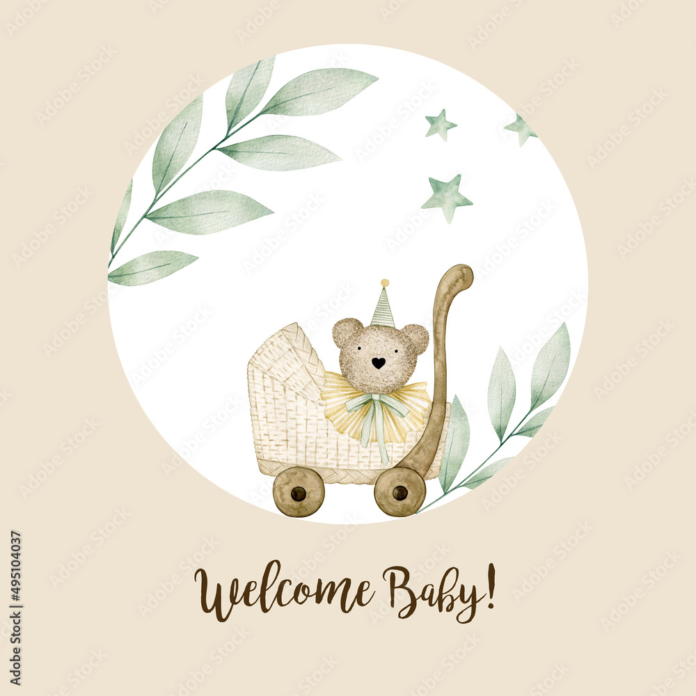 Watercolor illustration card welcome baby with stroller, bear, green ...