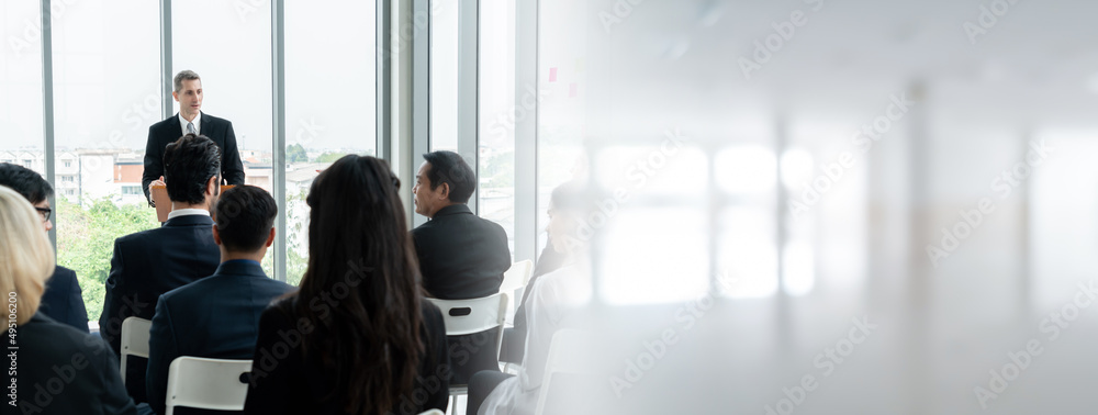 Group of business people meeting in a seminar conference widen view ...