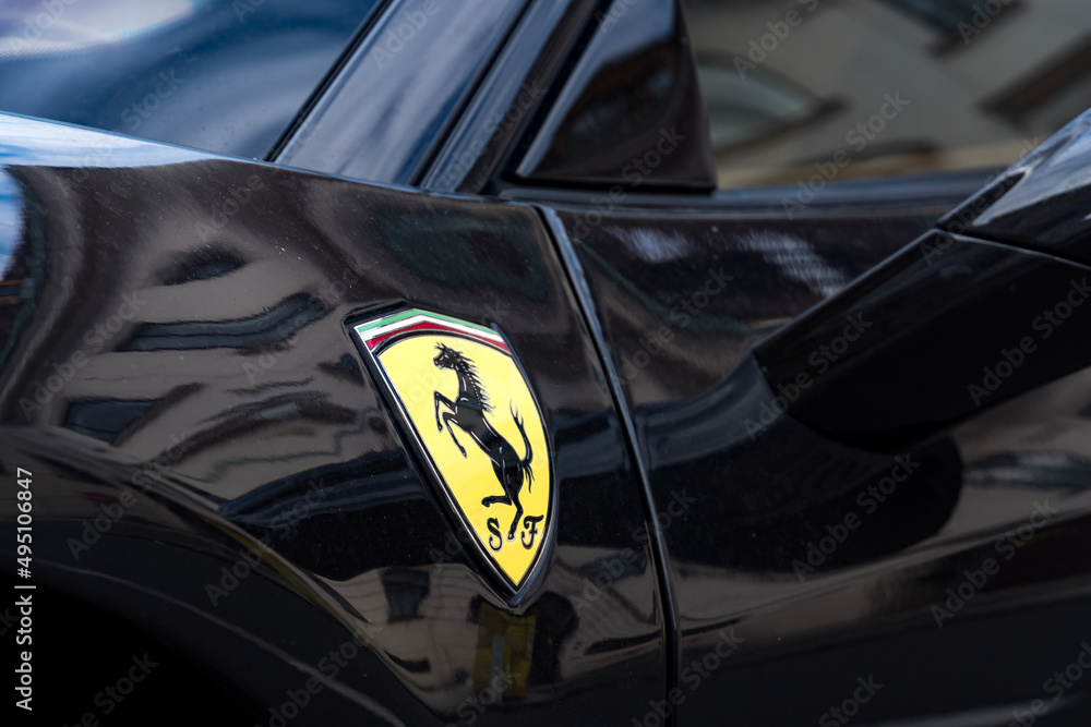 Prague, Czech Republic - July 25, 2020: Ferrari emblem on a car ...