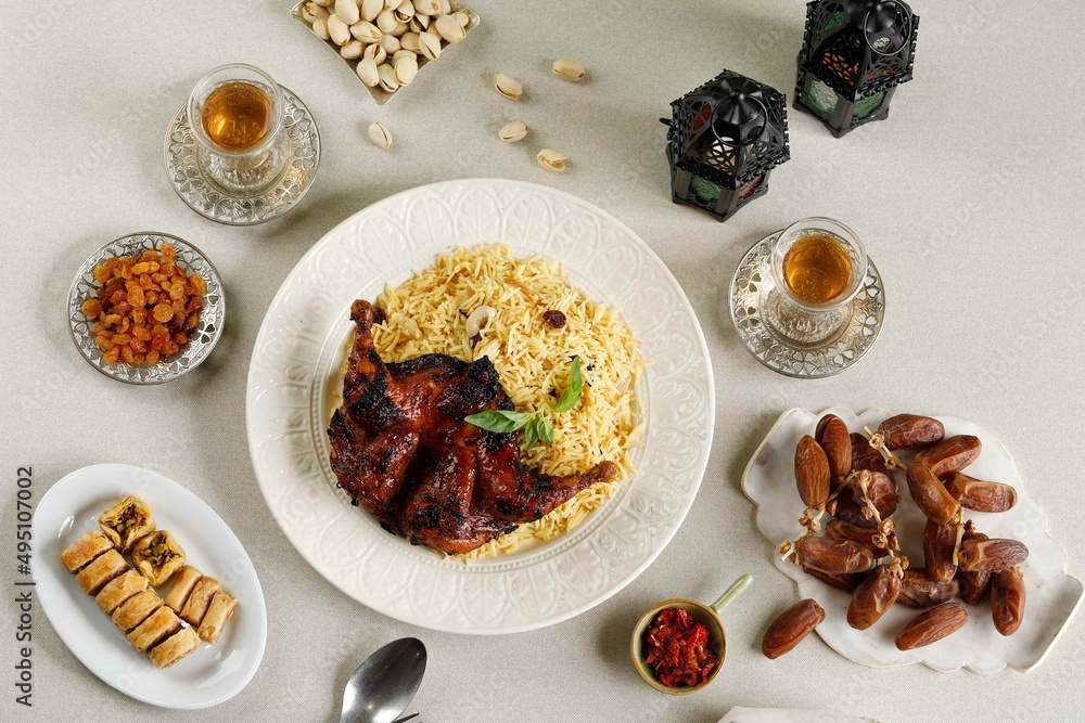 Ramadan Iftar Menu, Basmati Rice Kabsa with Roasted Chicken, Raisin ...