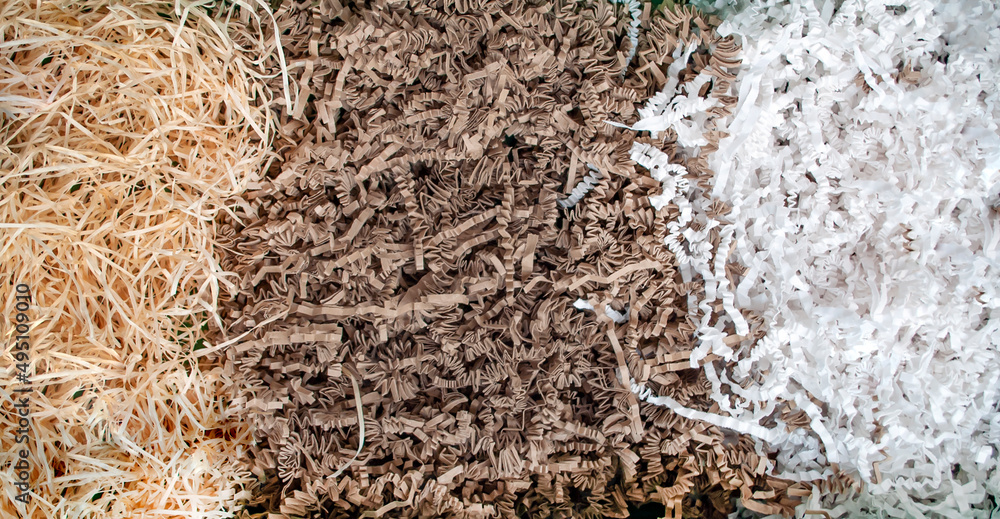 Three kinds shredded paper for product, gift and filling in a cardboard ...