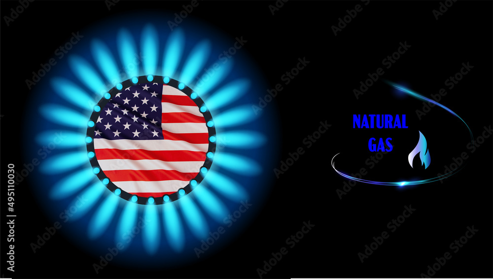 Gas flame circle with blue reflection, American national flag , Fire ...