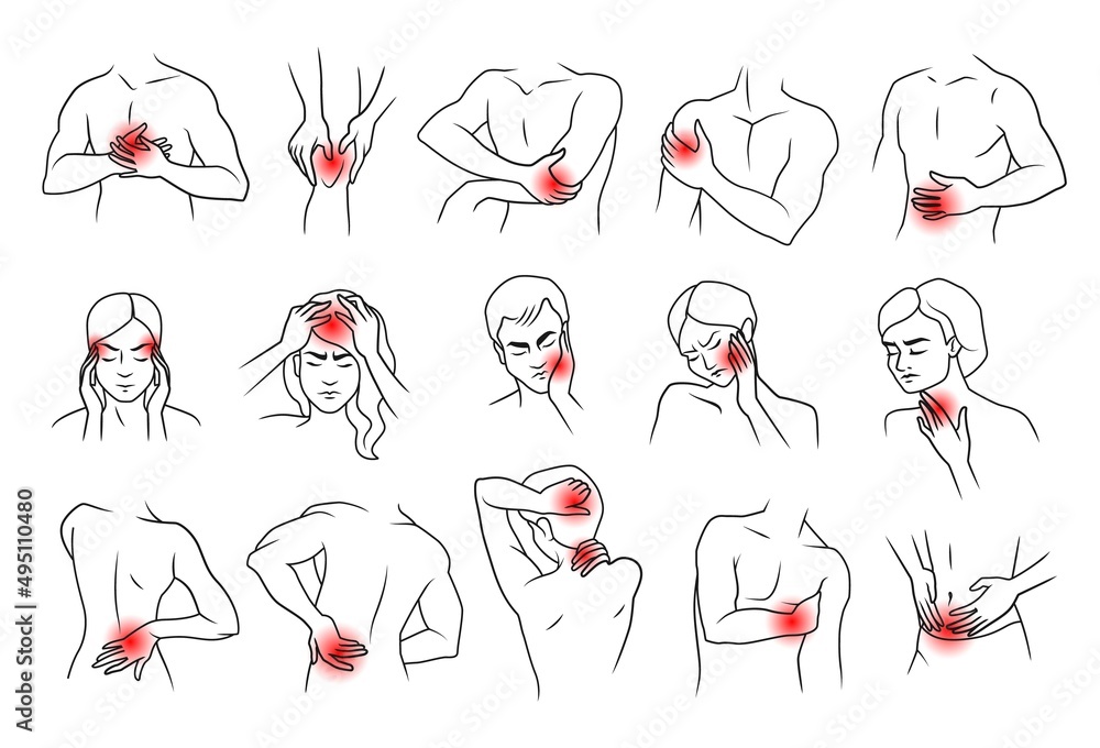 Human body pain. Neck muscle head and joints painful symptoms. People ...