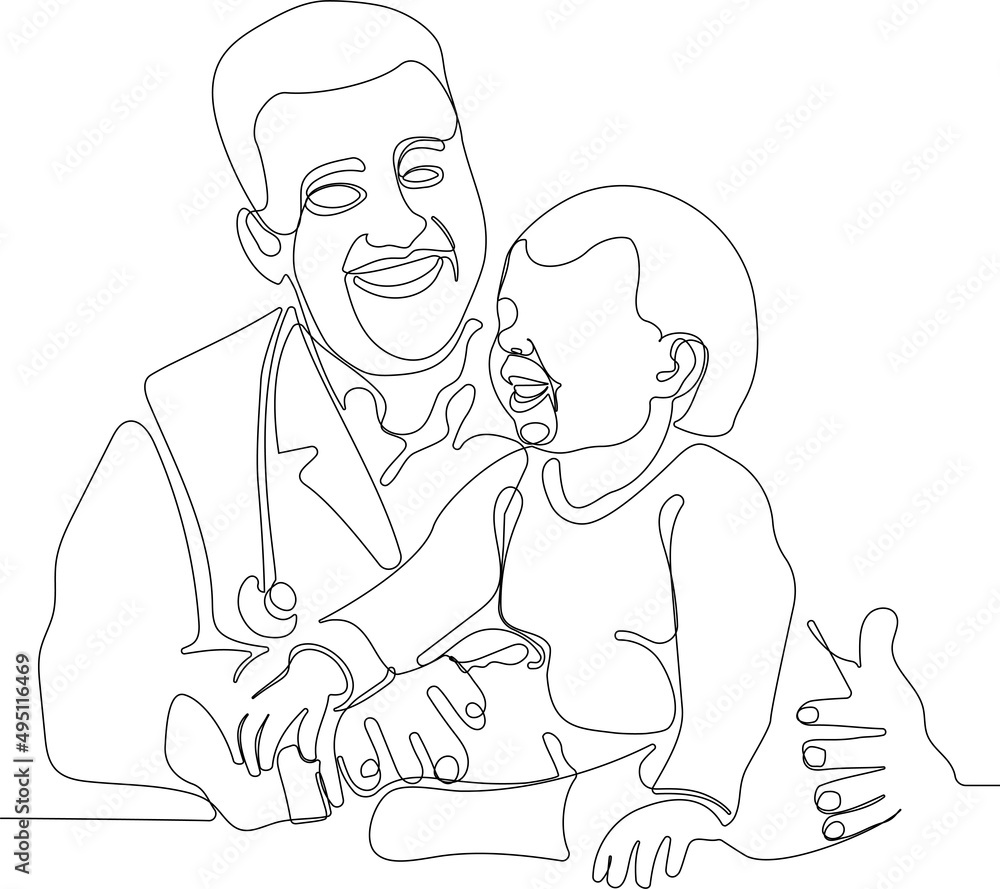 Single continuous line drawing of young male pediatric doctor examining ...