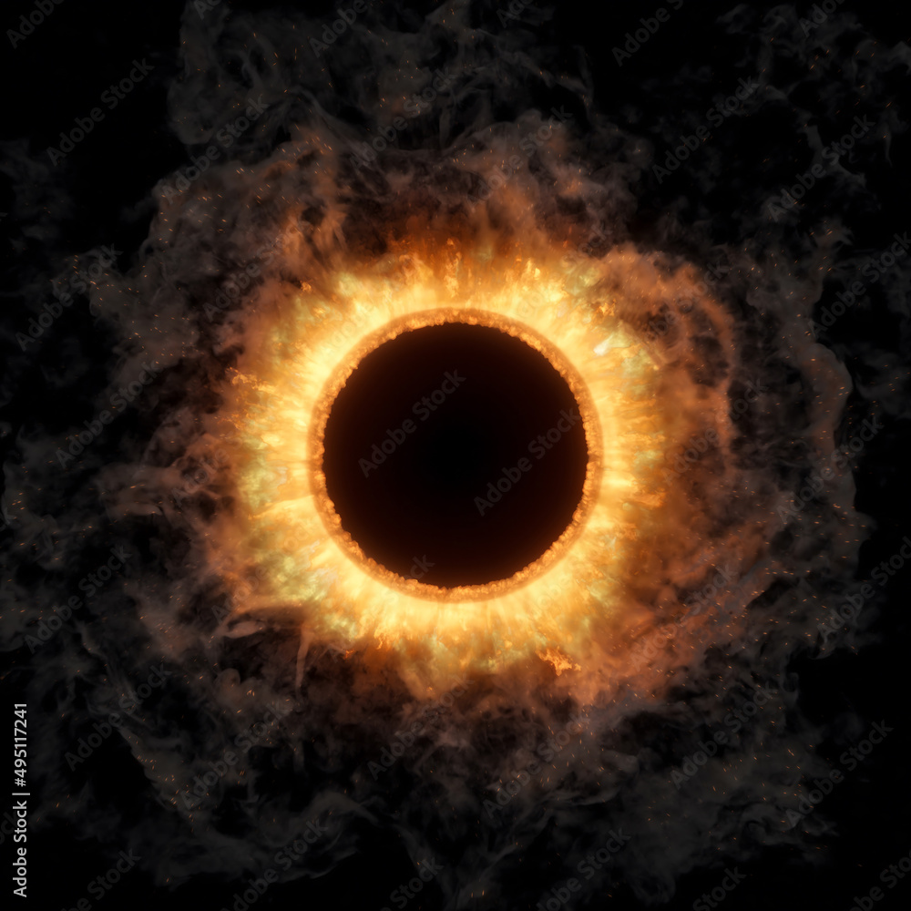 Hot flaming circle with ember. Explosive colored gases and flames on ...