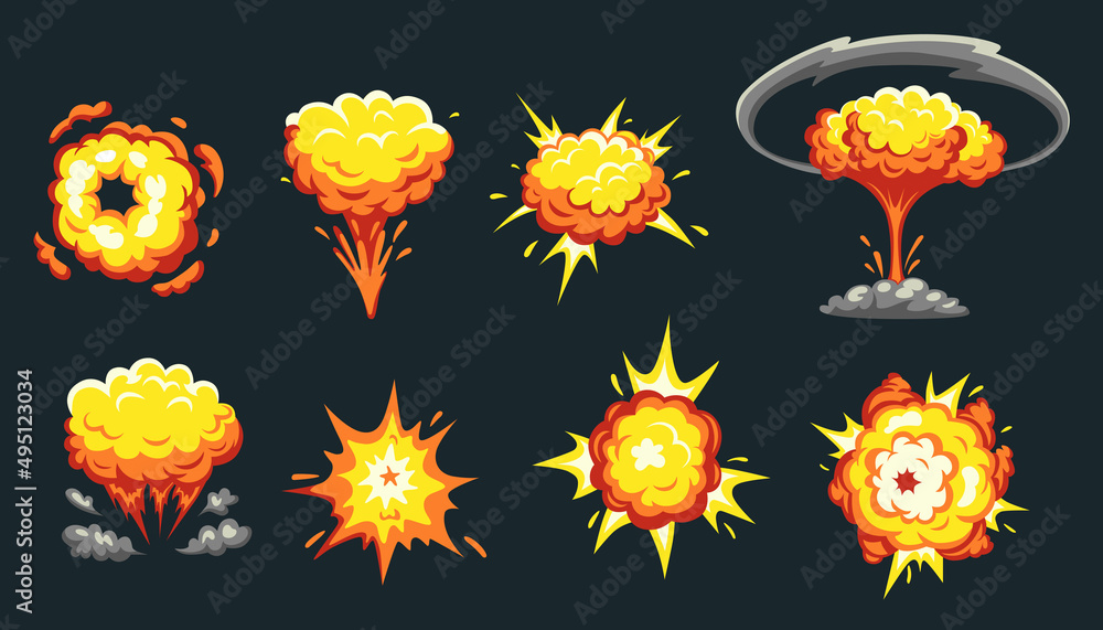 Cartoon explosion. Bomb and dynamite explode effect, gameplay element ...