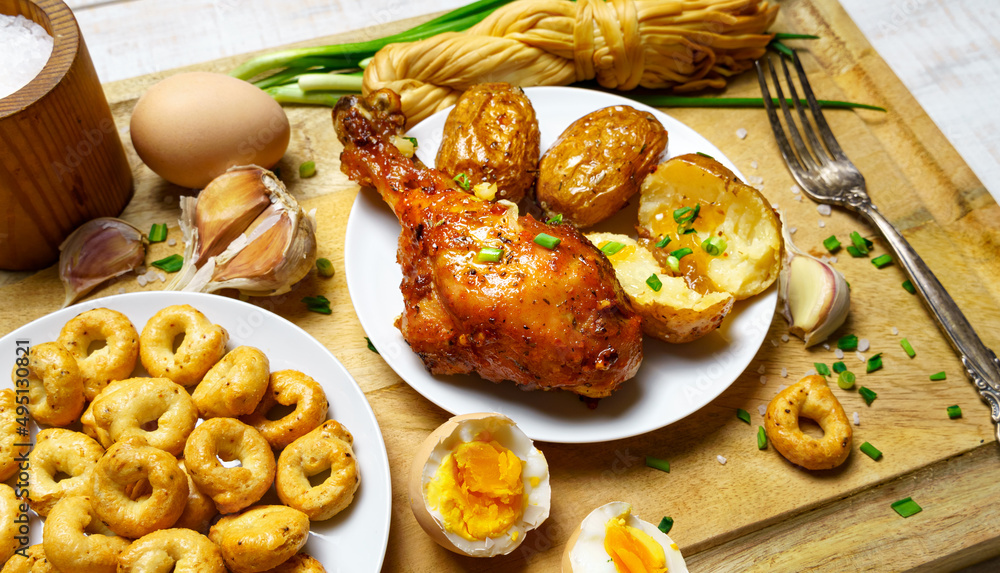 tasty and healthy food, lunch in rural style - fried chicken meat and ...