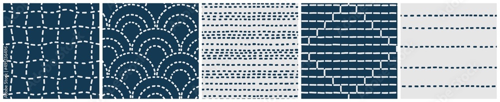 Sashiko embroidery seamless pattern set. Seigaiha, waves of sea and ...