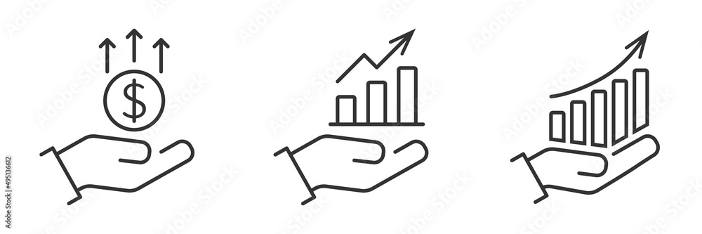 Financial growth icons. Hand and profit symbols. Increase money growth ...