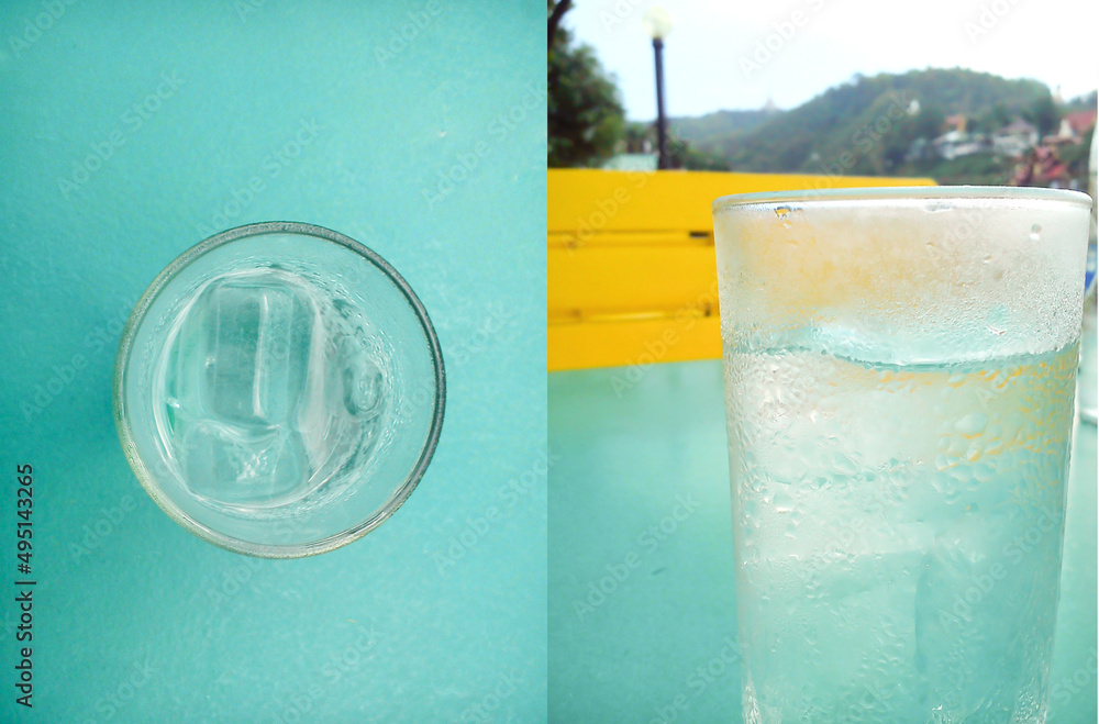 Collage frame of drinking glasses contain cold drink and ice. Top view ...