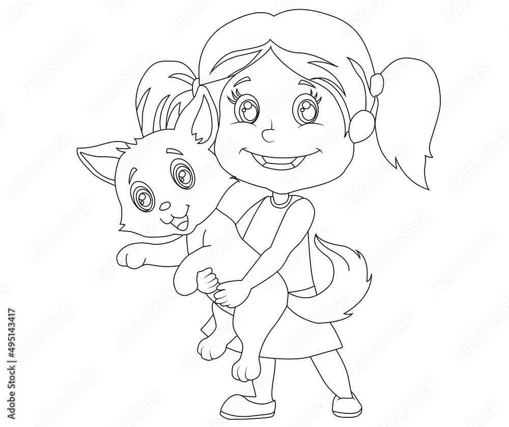 happy cute little kid girl play with pet cat- coloring book page Stock ...