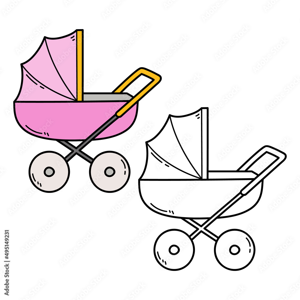 Vector illustration coloring page of doodle baby pram with example for ...