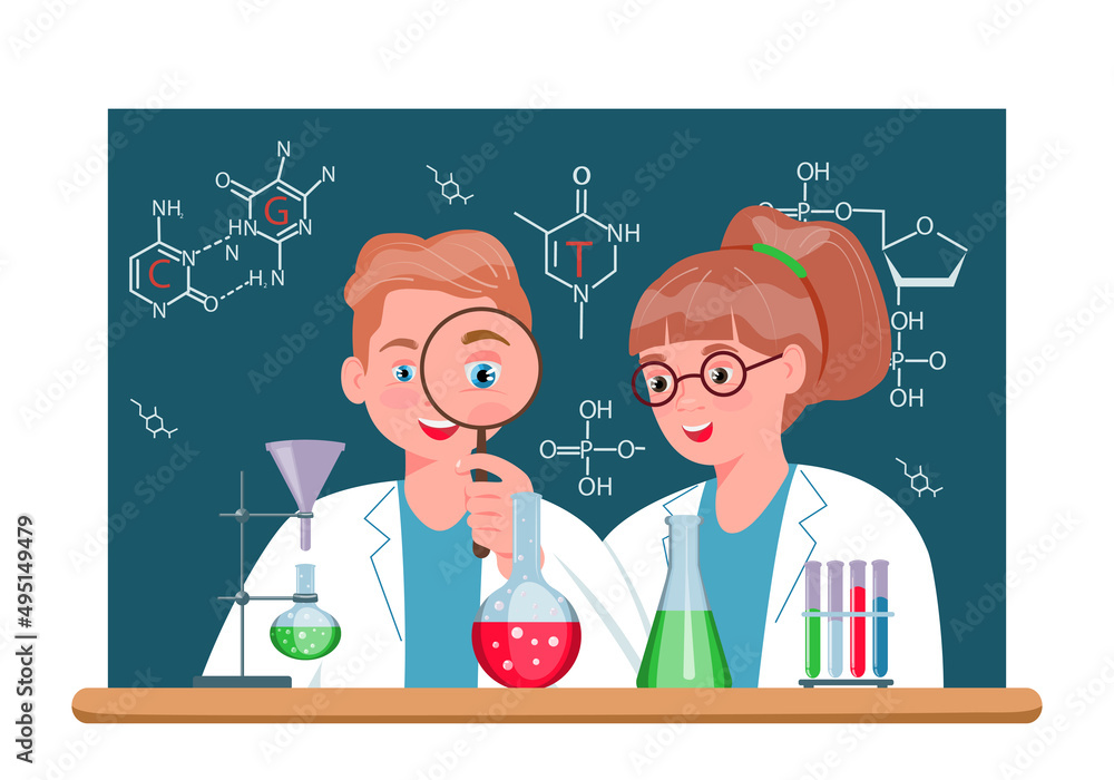 Vector illustration of science and chemistry school kids at school with ...