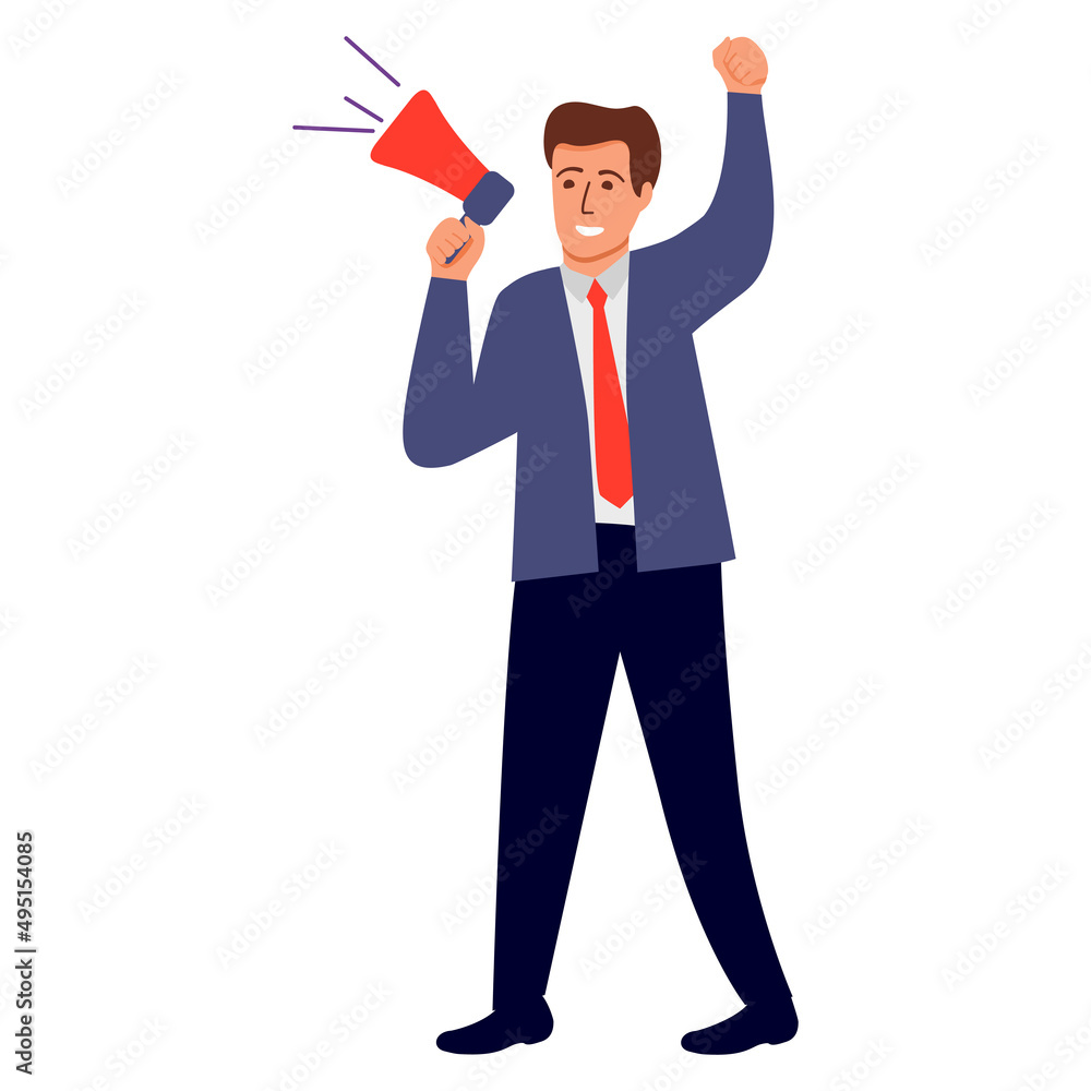 Man protesting for their rights.Guy holds loudspeaker.Vector flat ...