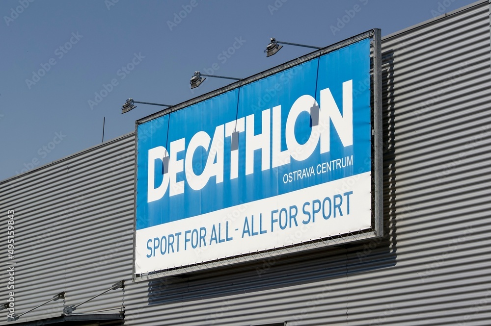 The banner of Decathlon sport store in Futurum shopping mall in Ostrava ...