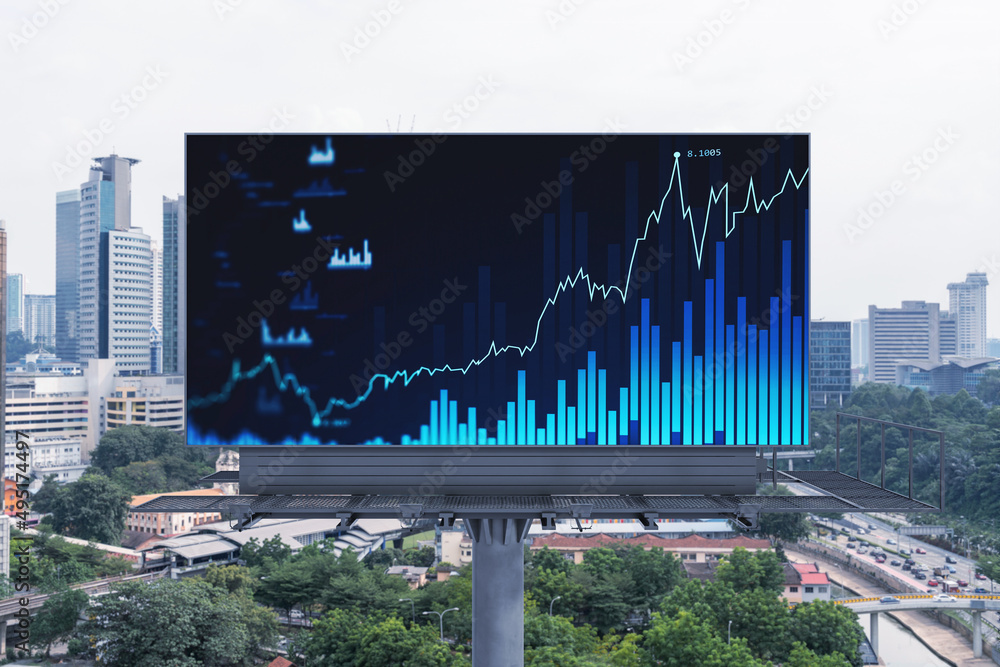 Forex and stock market chart hologram on road billboard over panorama ...