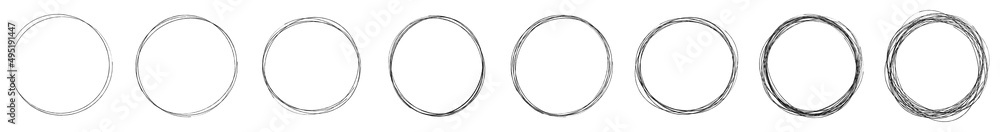 Random circles with hand drawn, free hand drawing effect. Concentric ...