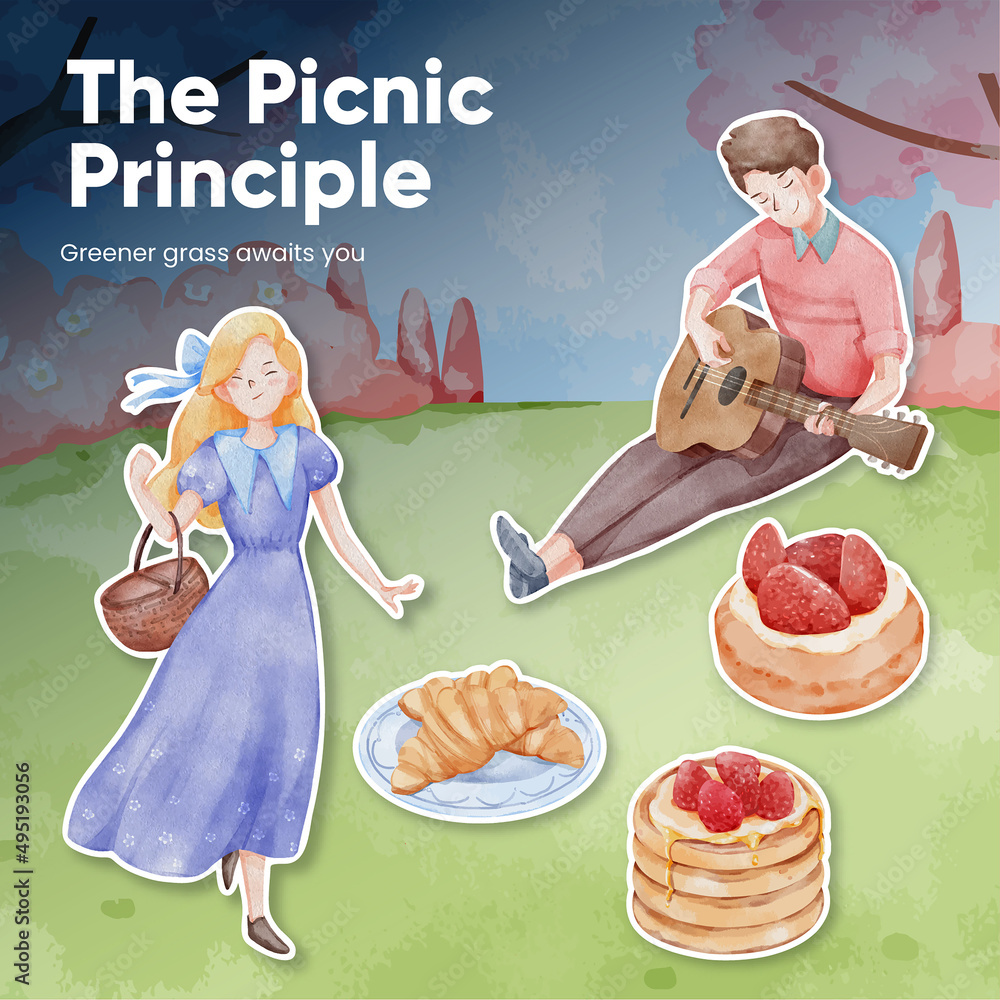 Sticker template with picnic day concept,watercolor style Stock Vector ...