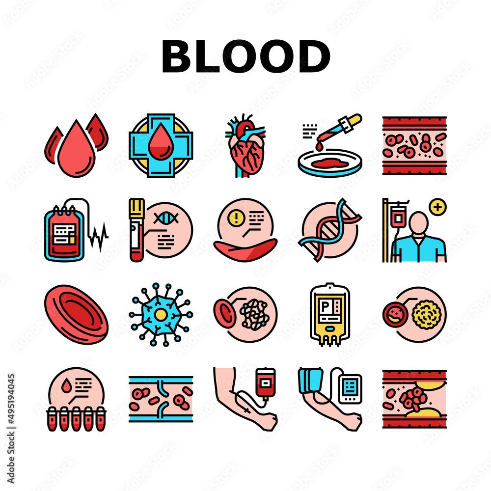 Blood Pressure Measuring Gadget Icons Set Vector. Blood Drop And Artery ...