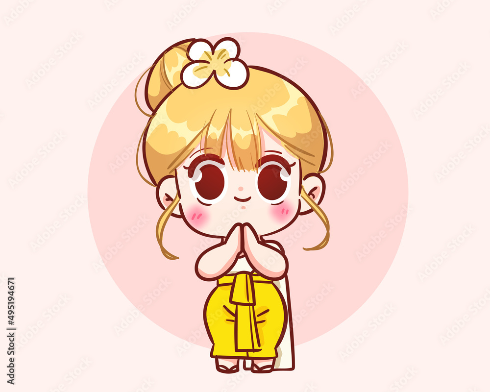 Cute girl in thailand traditional greeting with namaste poses logo ...