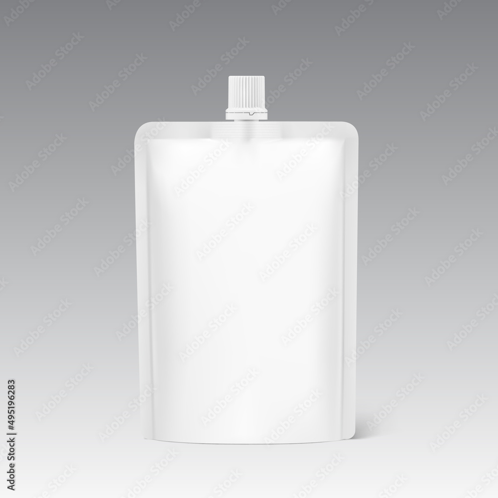 Pouch bag mockup with spout cap. Vector illustration. Front view. Can ...