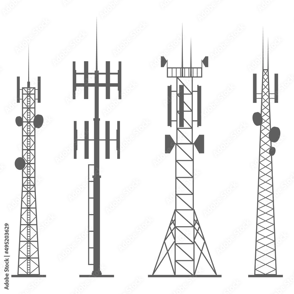 Transmission cellular towers silhouette. Mobile and radio ...