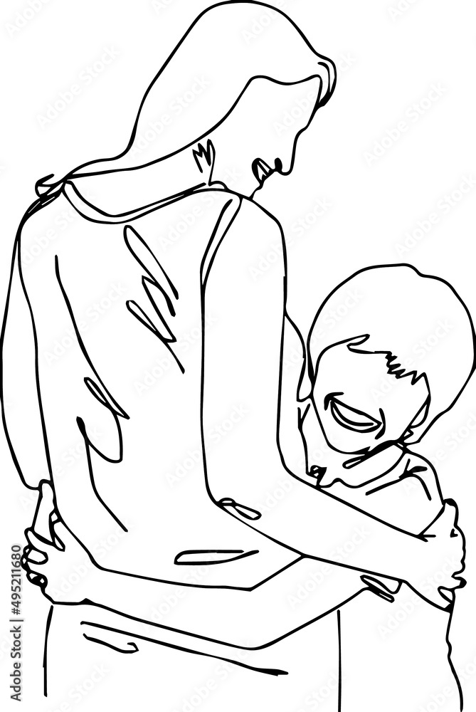 outline sketch drawing vector of young boy hugging his mother, line art ...