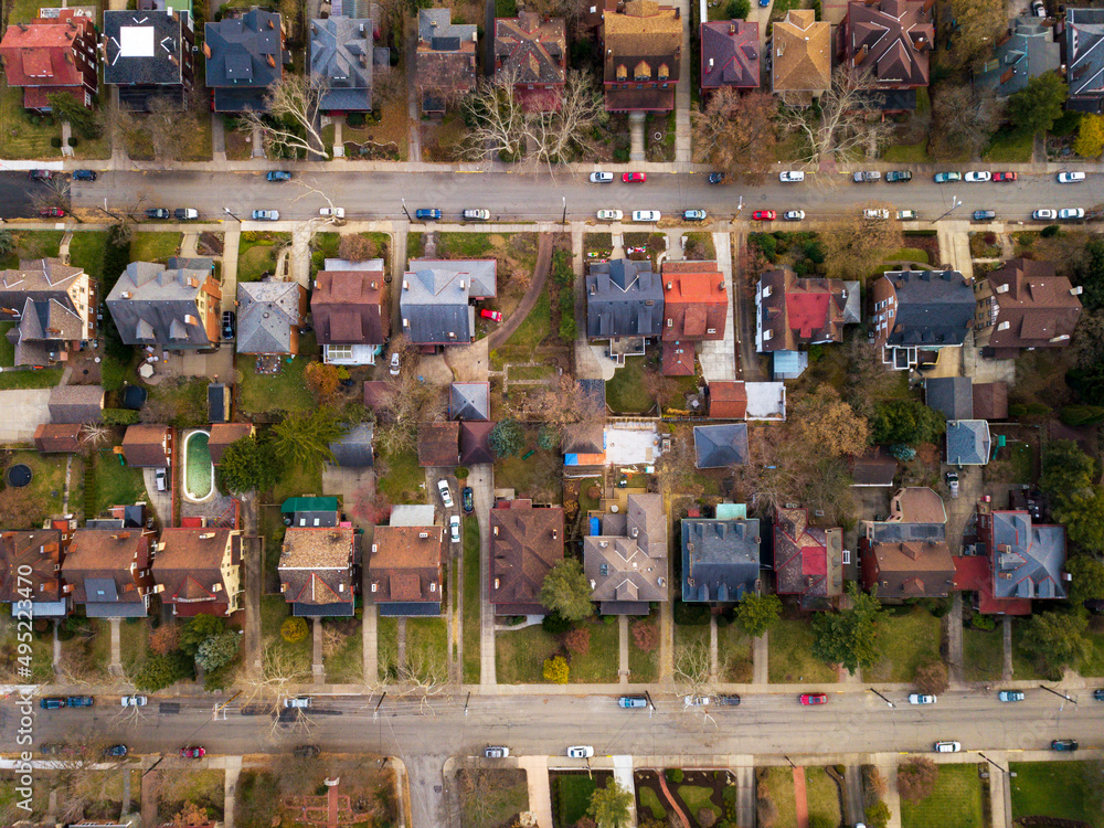 Top view of two parallel streets with single family houses and cars ...
