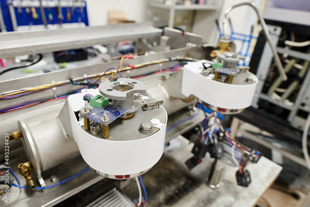 mechanical internal parts of a professional coffee machine close-up ...