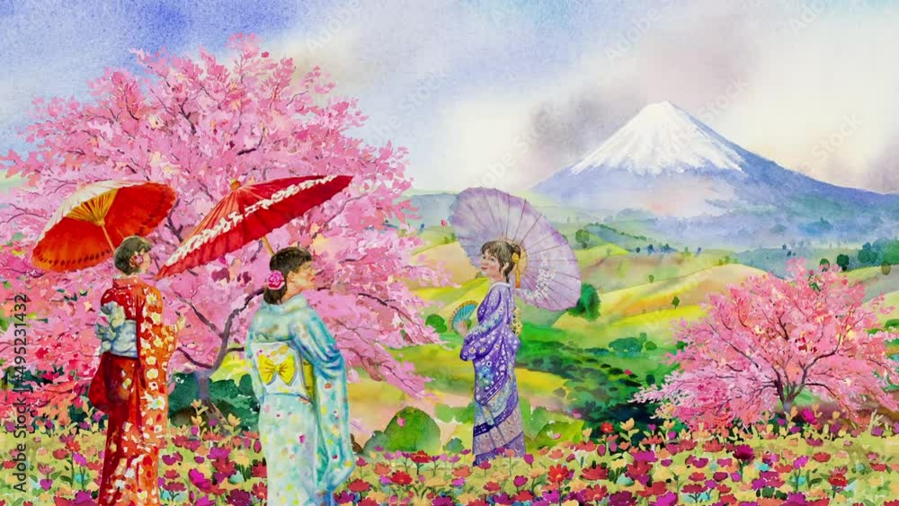 Travel landmark Japan with paintings animation to Tokyo with wild ...